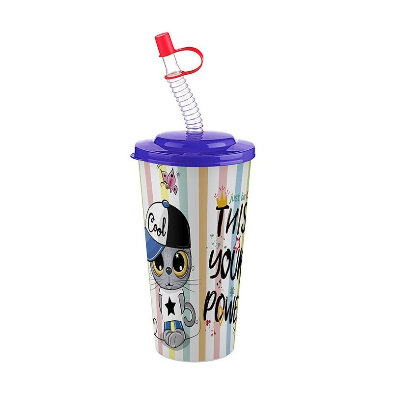 Titiz Plastic Cup With Straw, 650 ml, AP-9128 - Multicolor